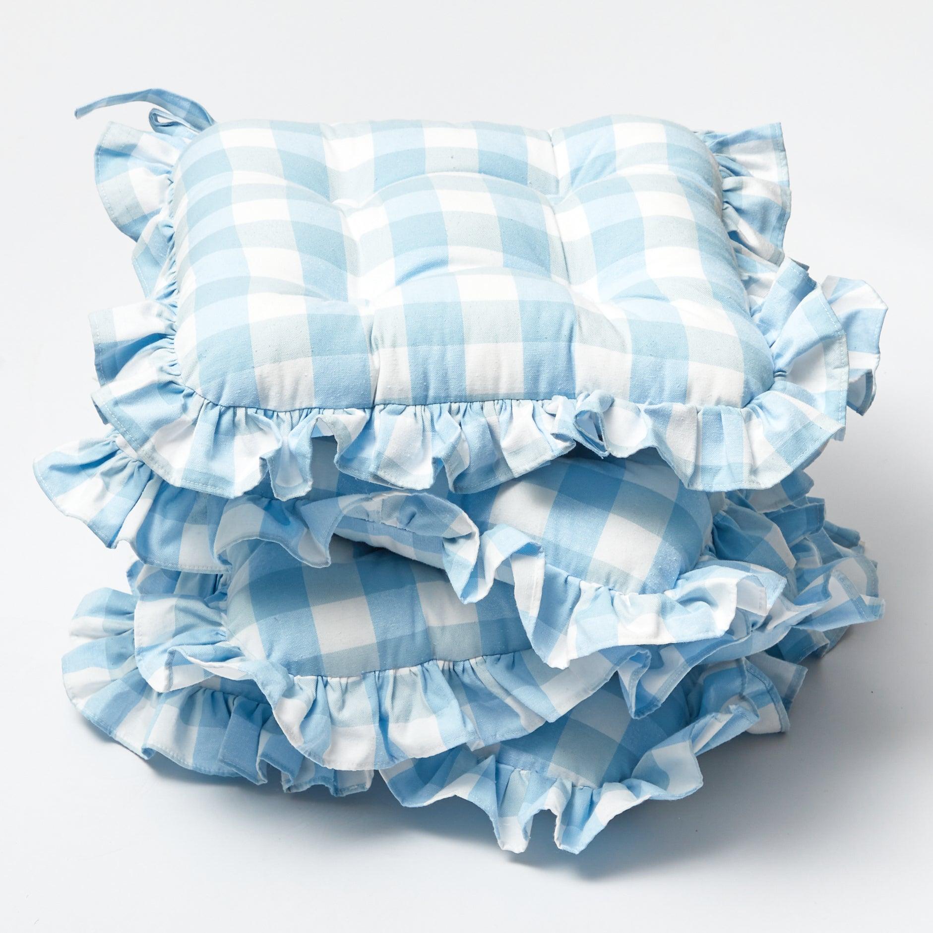 Blue Gingham Ruffle Seat Pad Cushion (Set of 4)