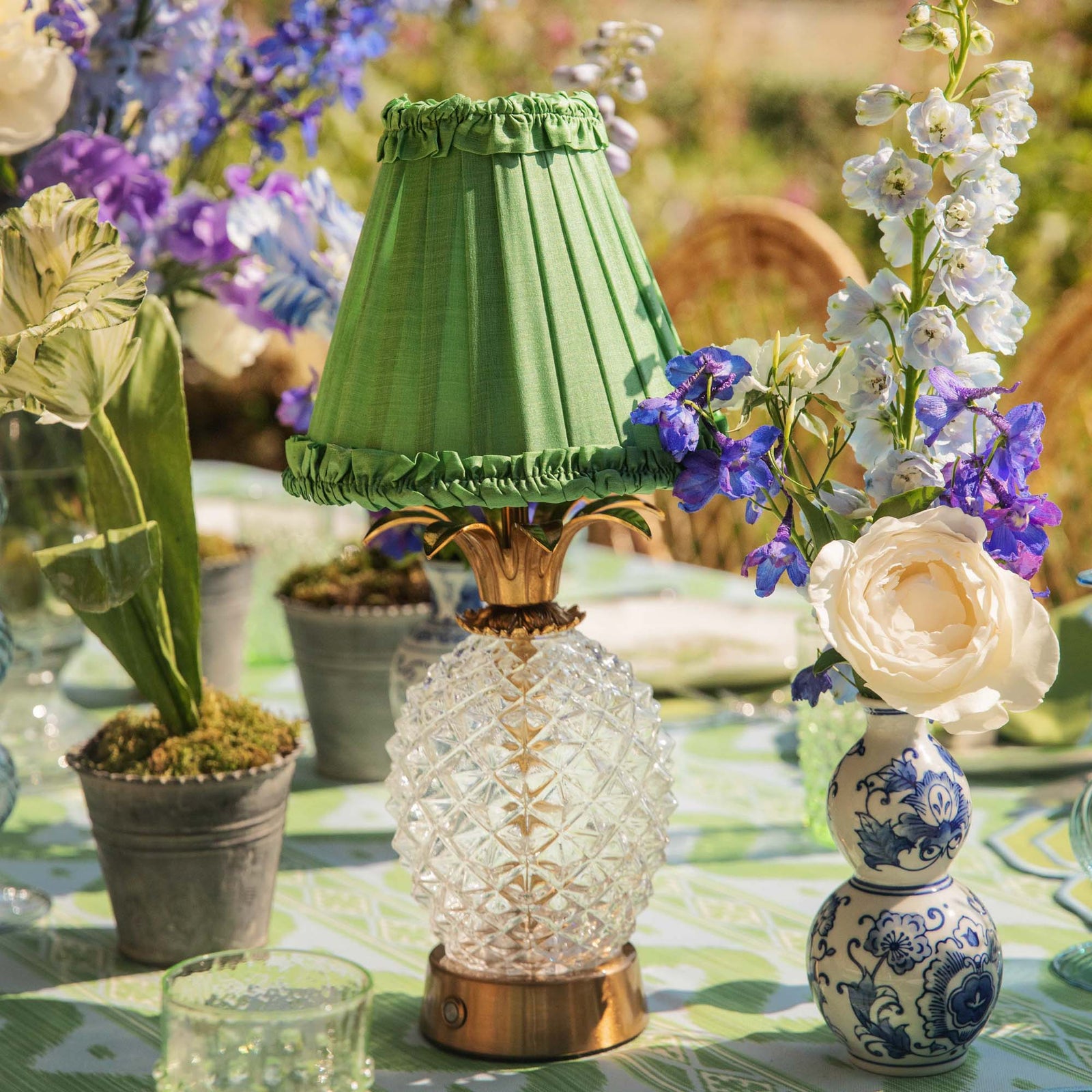 Glass Pineapple Rechargeable Lamp with Green Frilled Silk Shade (18cm)