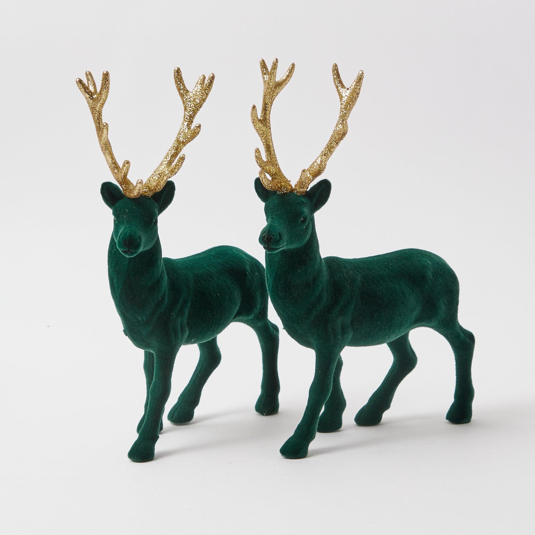Large Forest Green Flocked Reindeer (Pair)