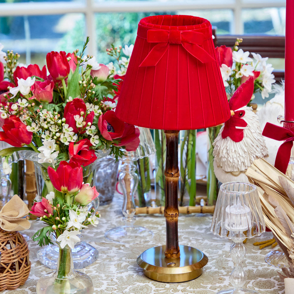Burnt Bamboo Rechargeable Lamp with Red Velvet Bow Shade (18cm)